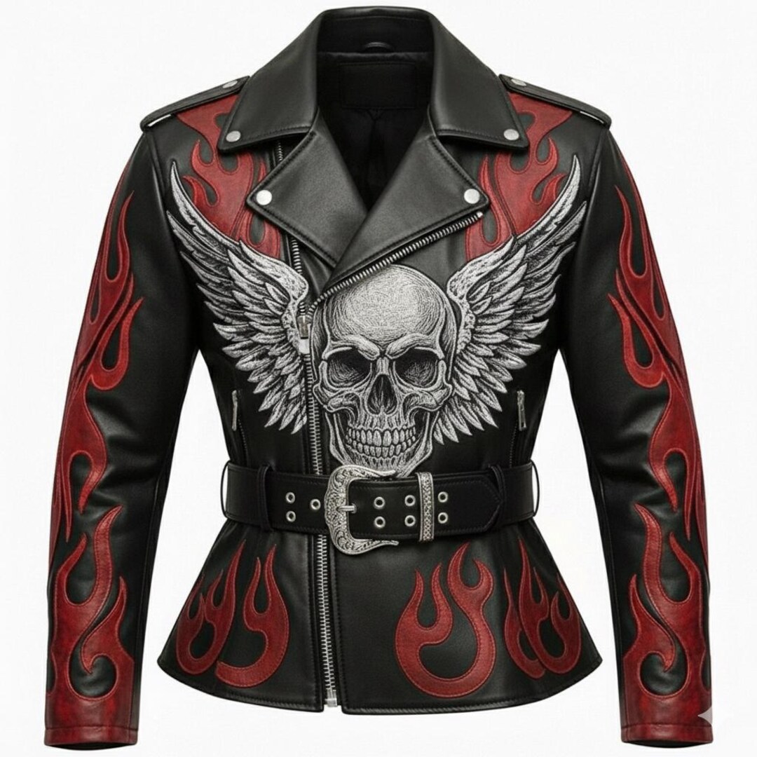 Gothic Skull & Wings Leather Biker Jacket | Red Flame Embroidery ...