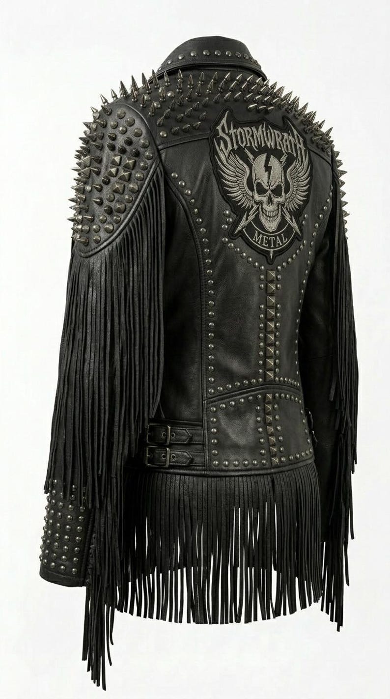 Handmade Leather Punk Biker Jacket – Studded Spikes Fringe Embroidery ...