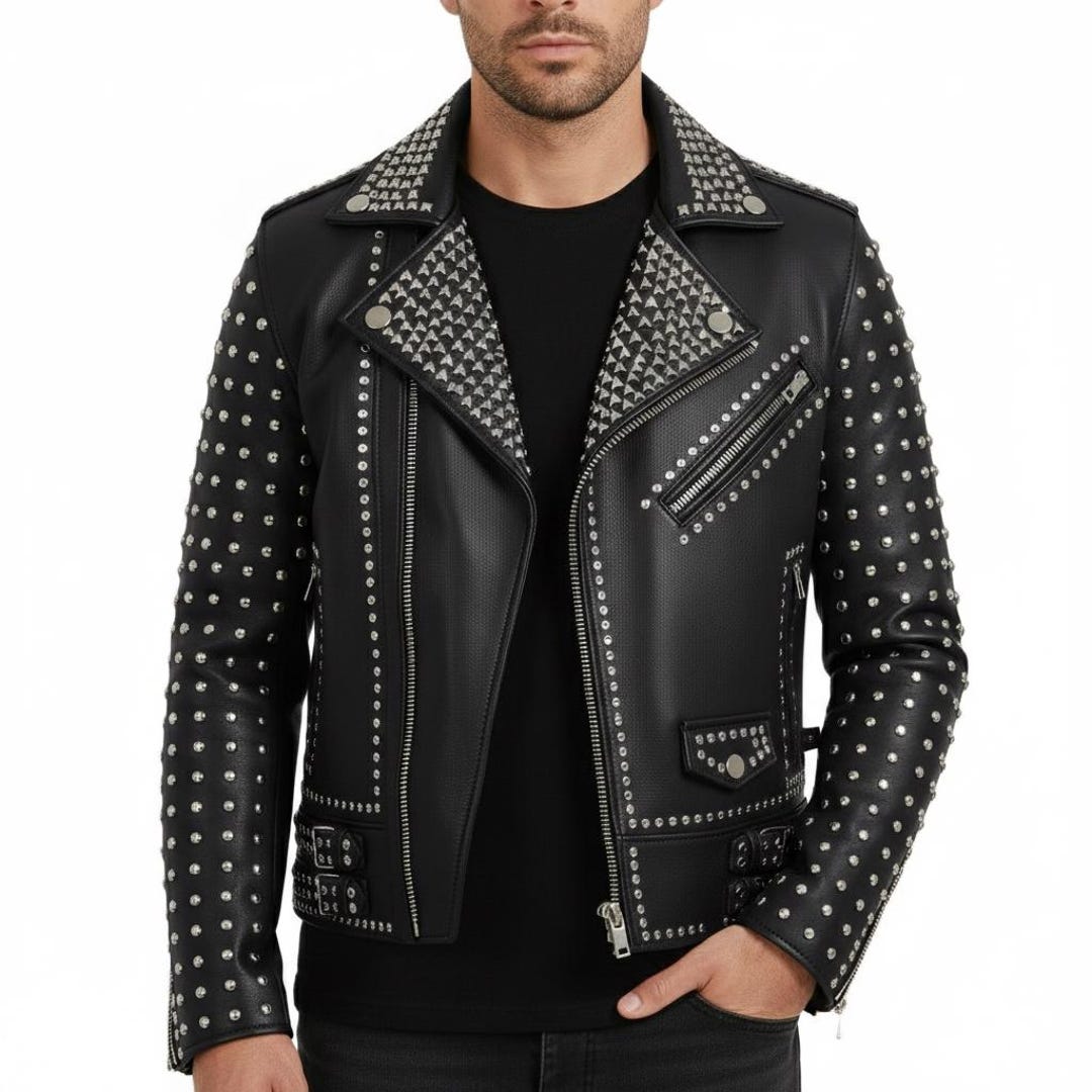 Men's Dark Black Studded Leather Jacket - Punk Rock Embroidery - Spiked ...