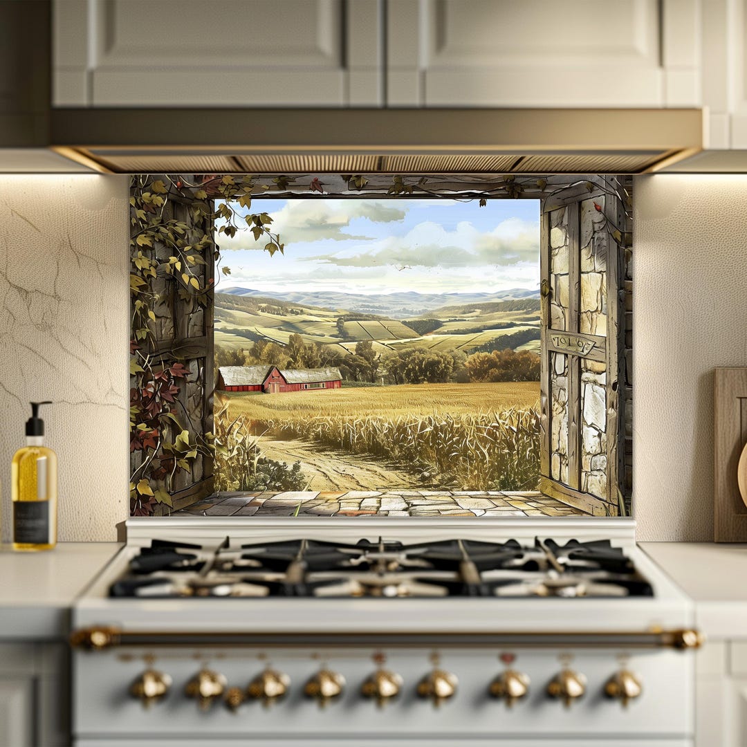 Farm Window Landscape Tempered Glass Backsplash, Rustic Country View ...