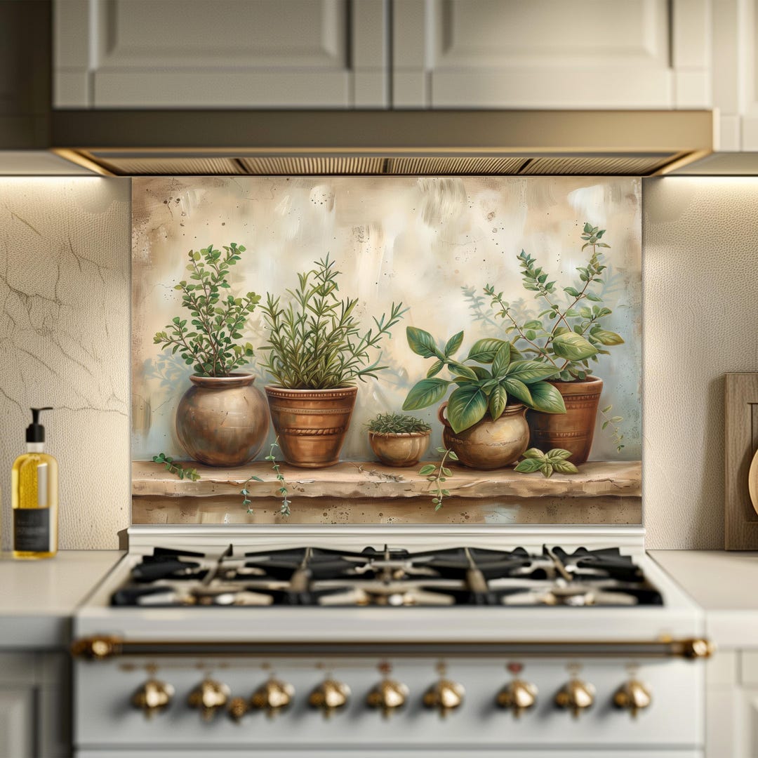 Potted Herb Tempered Glass Backsplash, Botanical Kitchen Decor, Glass ...