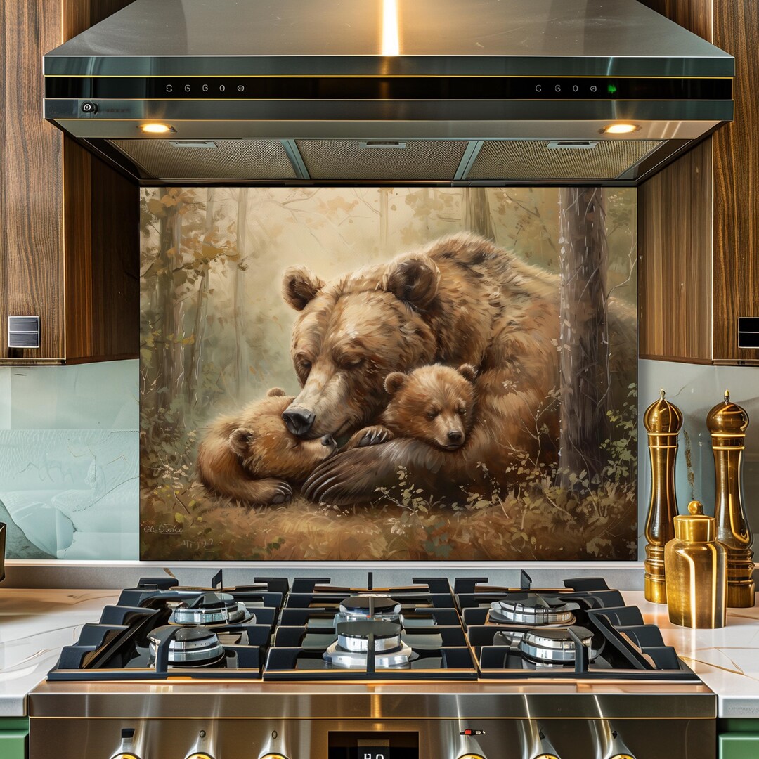 Bear Family Glass Backsplash, Wildlife Kitchen Wall Art, Rustic Forest ...