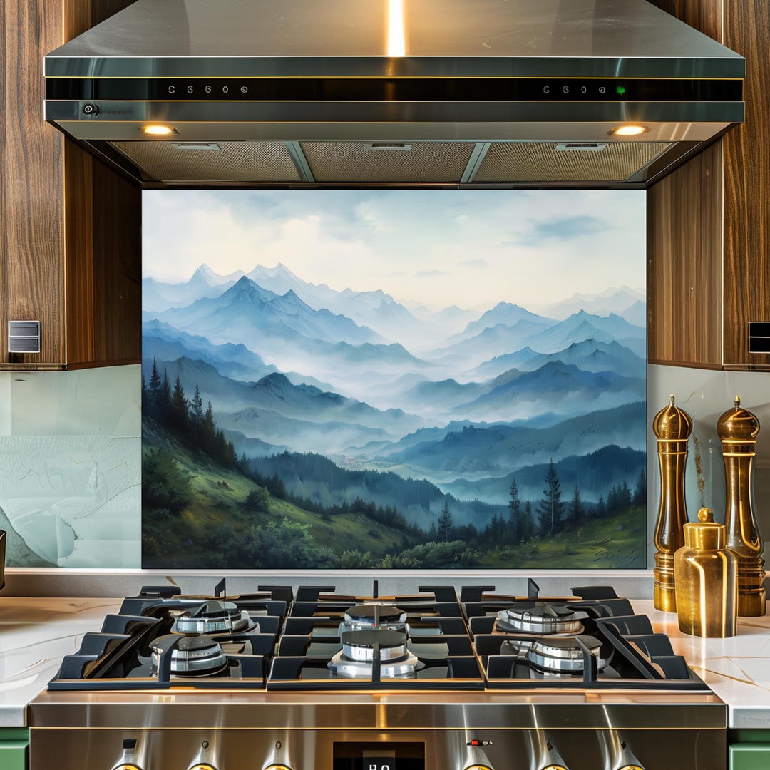 Mountain Glass Backsplash, Misty Landscape Wall Art, Nature Kitchen ...