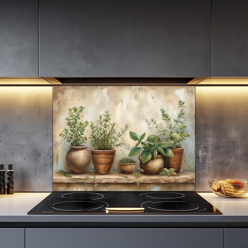 Potted Herb Tempered Glass Backsplash, Botanical Kitchen Decor, Glass ...
