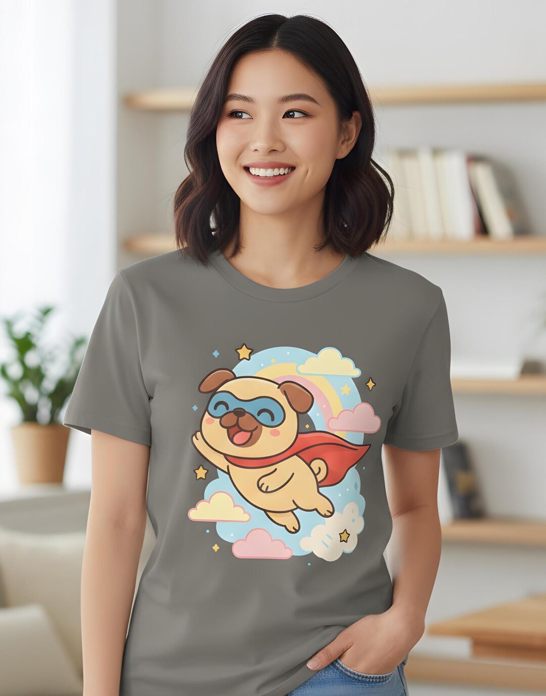 Funny Kawaii Flying Super Hero Pug T-shirt, Cute Superhero Puppy Dog ...