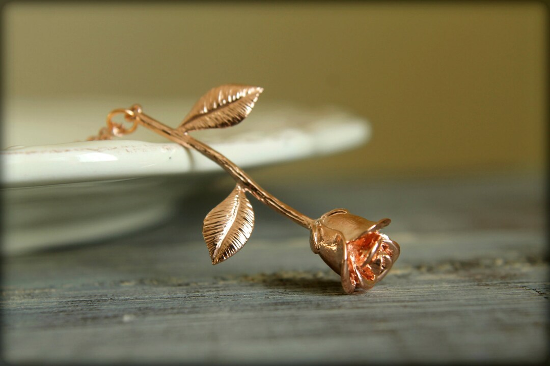 Long Stemmed Rose Necklace in Rose Gold - Etsy