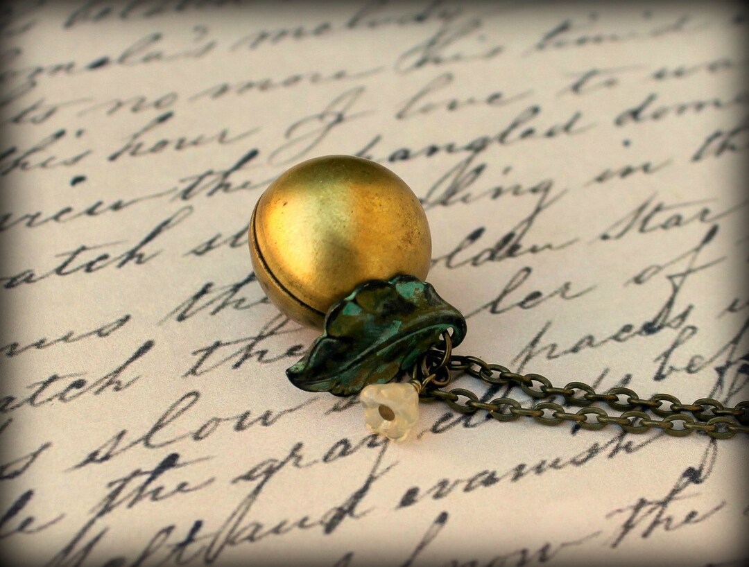 Vintage Brass Ball Locket Necklace With Verdigris Leaf and Czech Flower ...