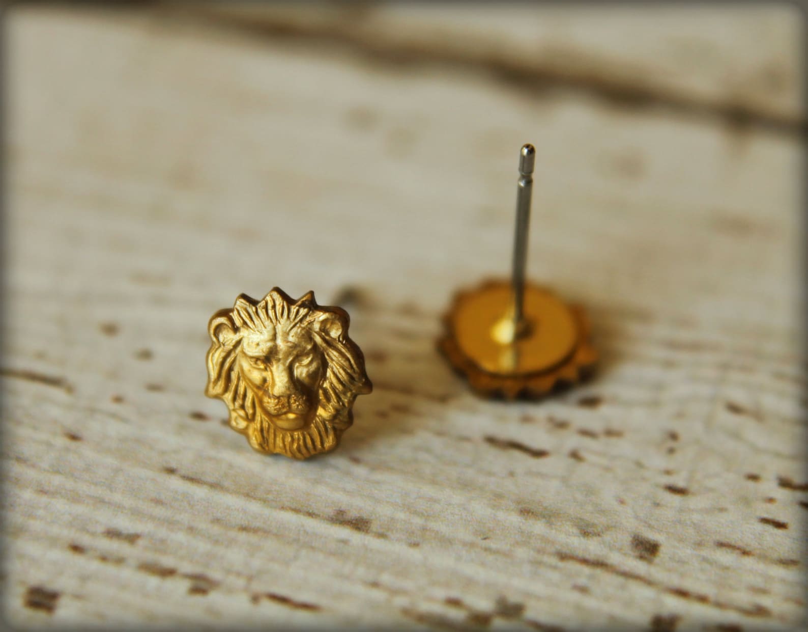Lion Head Earring Studs in Raw Brass, Raw Copper, and Matte Silver, and ...