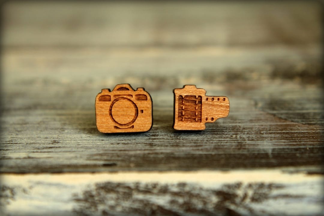 Camera and Film Studs, Laser Cut Wood Earrings, Retro Film Camera ...