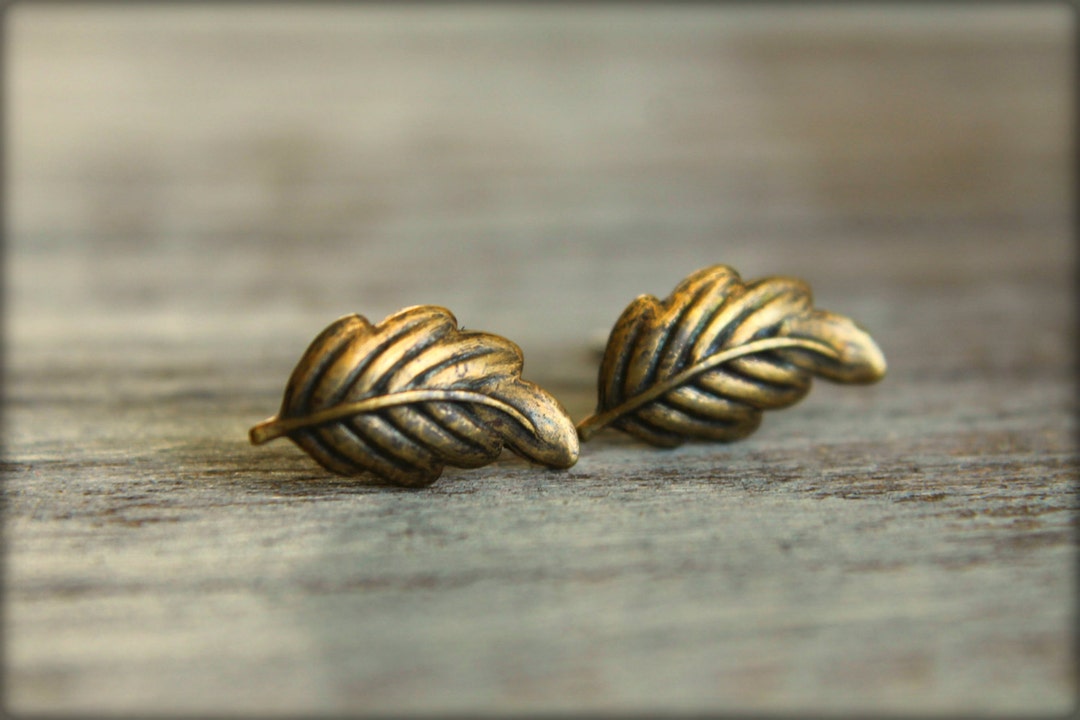 Little Leaf Earring Posts in Antiqued Brass or Rose Gold, Autumn Leaf ...