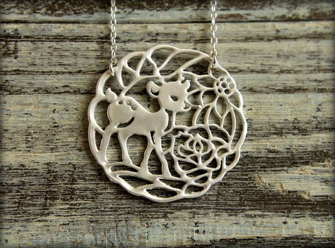 Fawn & Flowers Necklace, Available in Matte Silver or Gold - Etsy