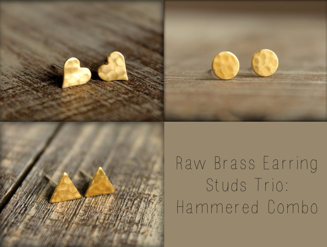 Raw Brass Earring Studs Trio: Hammered Combo - Etsy