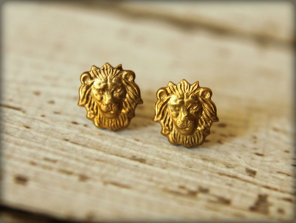 Lion Head Earring Studs in Raw Brass, Raw Copper, and Matte Silver, and ...