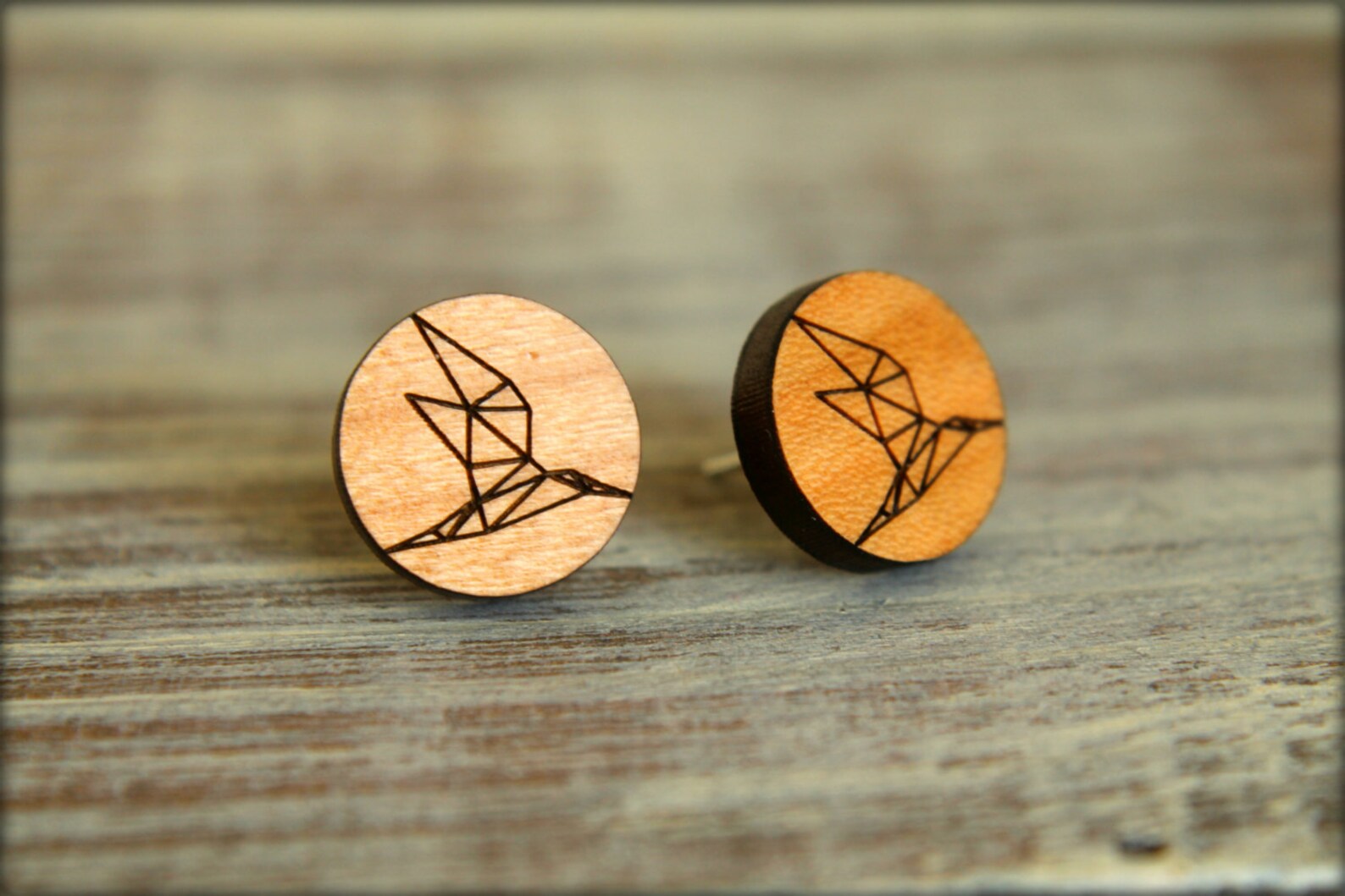 Origami Bird Disc Studs, Laser Cut Wood Earrings - Etsy