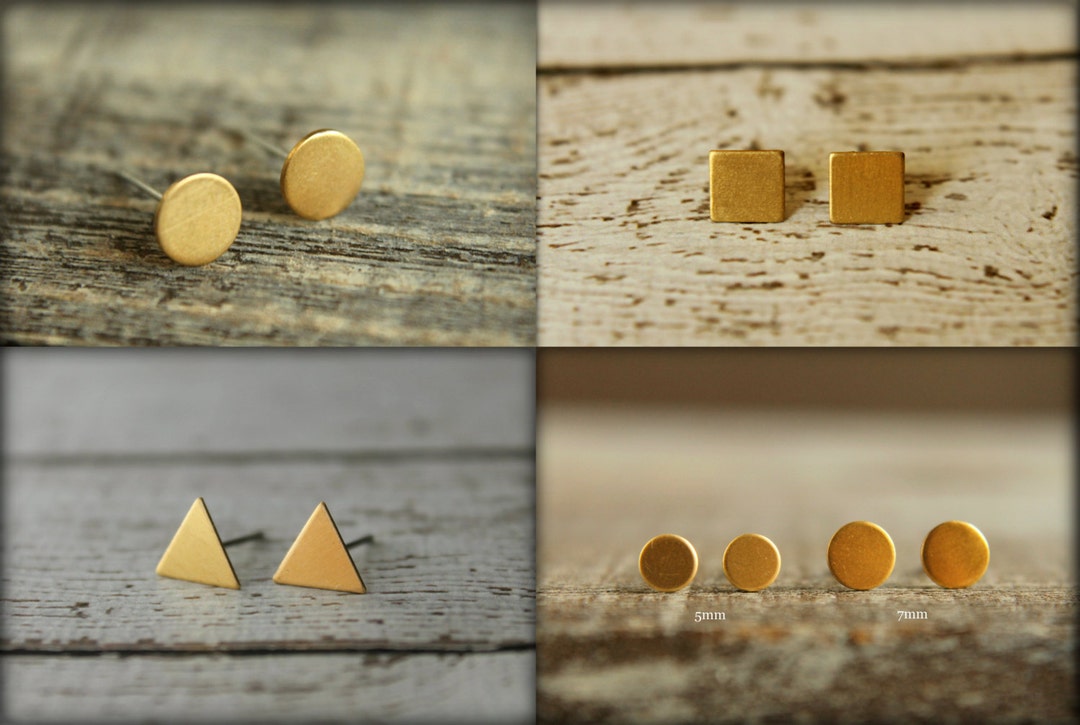 Raw Brass Earring Studs Trio: Geometric Combo, Three Pair Brass Earring ...