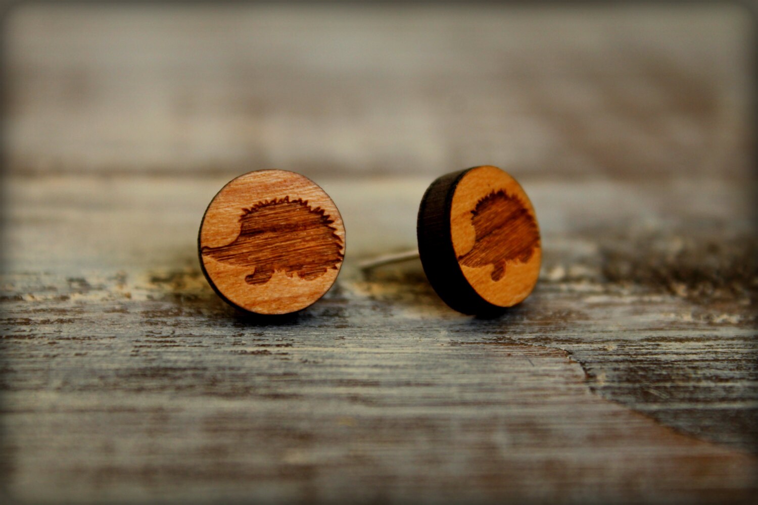 Hedgehog Disc Studs Laser Cut Wood Earrings - Etsy