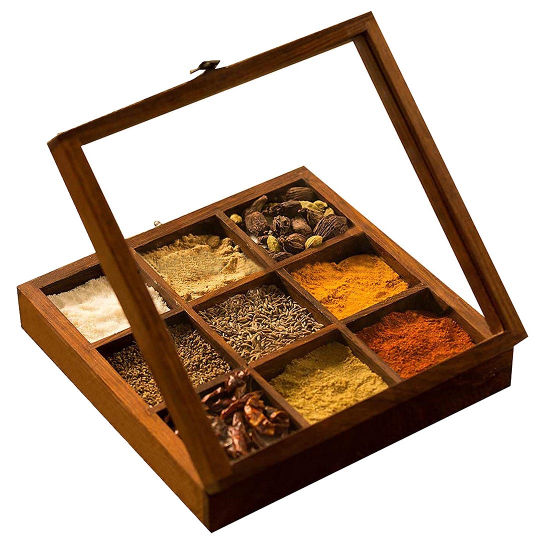Wooden Spice Box in Rosewood, 9 Detachable Containers With Lid - Masala ...