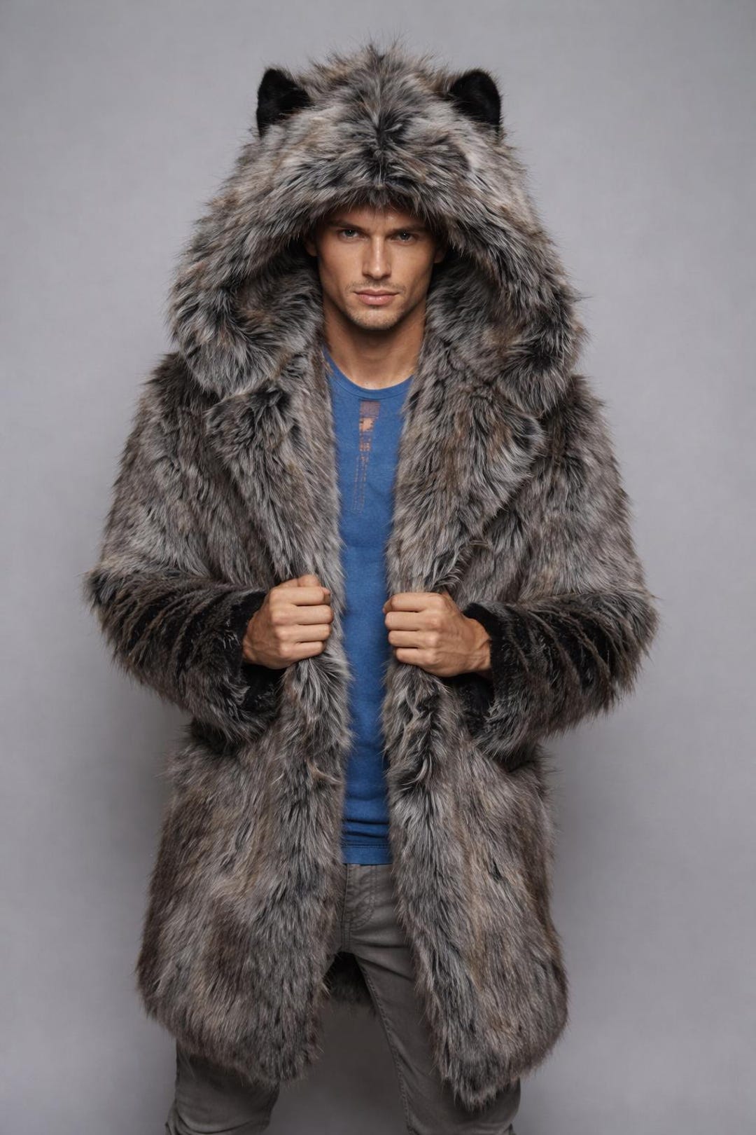Men’s Faux Fur Hooded Jacket | Wolf Ear Fur Coat | Mid-length Fluffy ...