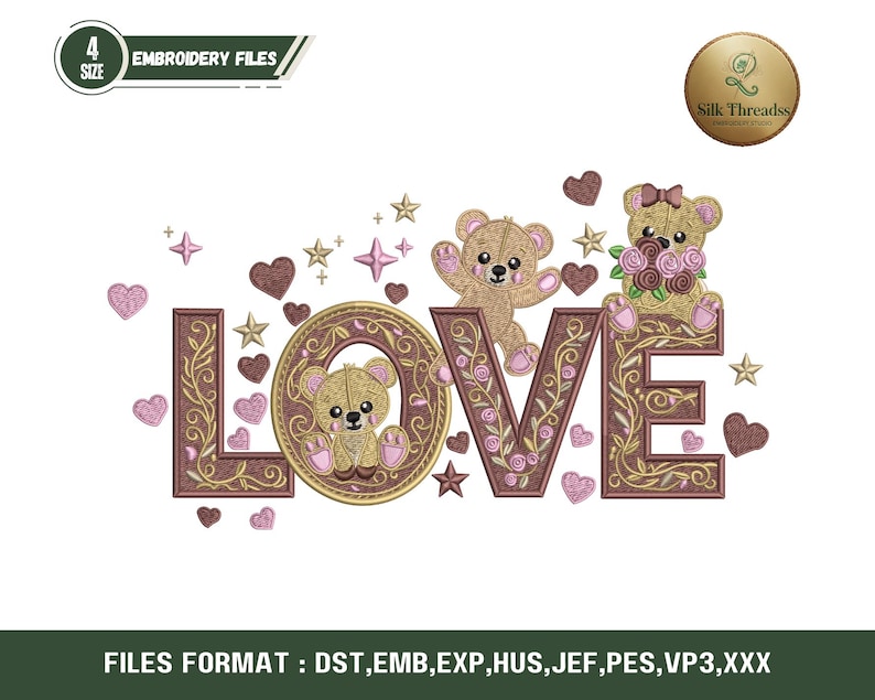 Love Bear Embroidery Design for Machine Embroidery, Valentine’s Day ...