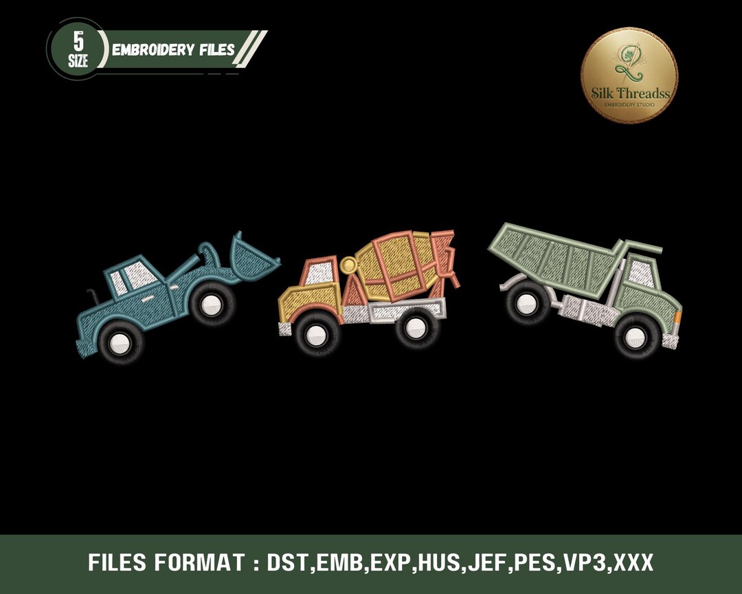 Construction Vehicles Embroidery Design Set – Tractor, Excavator, Truck ...