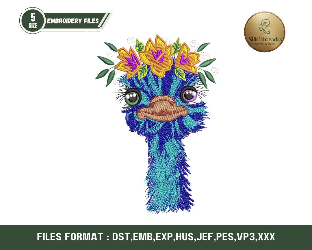 Ostrich Machine Embroidery Design With Flowers Realistic Bird ...