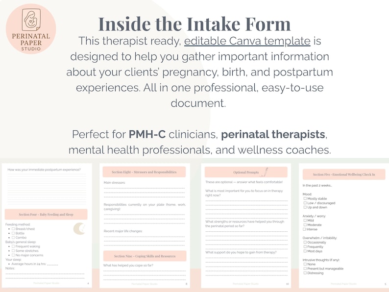Perinatal Mental Health Intake Form for Therapists | Editable Canva ...