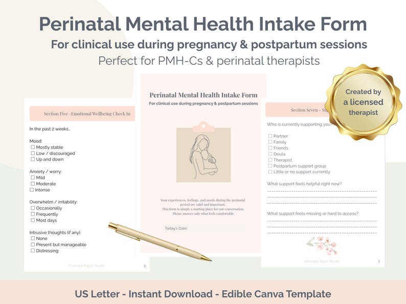 Perinatal Mental Health Intake Form for Therapists | Editable Canva ...