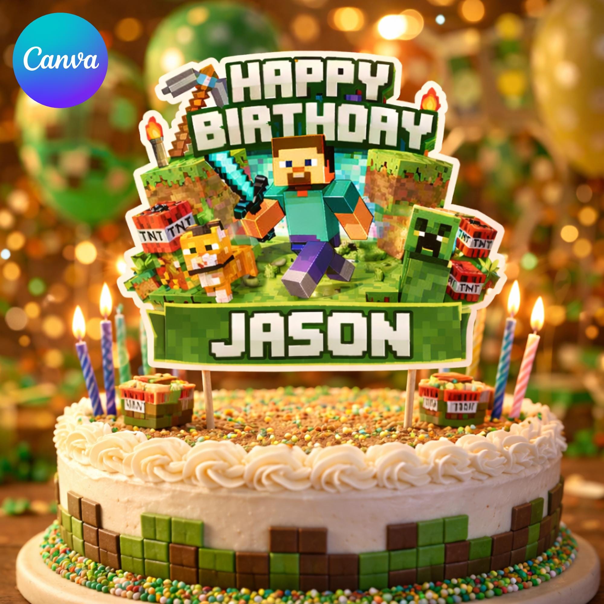 Editable Pixel Game Birthday Cake Topper,personalized Party Decoration ...