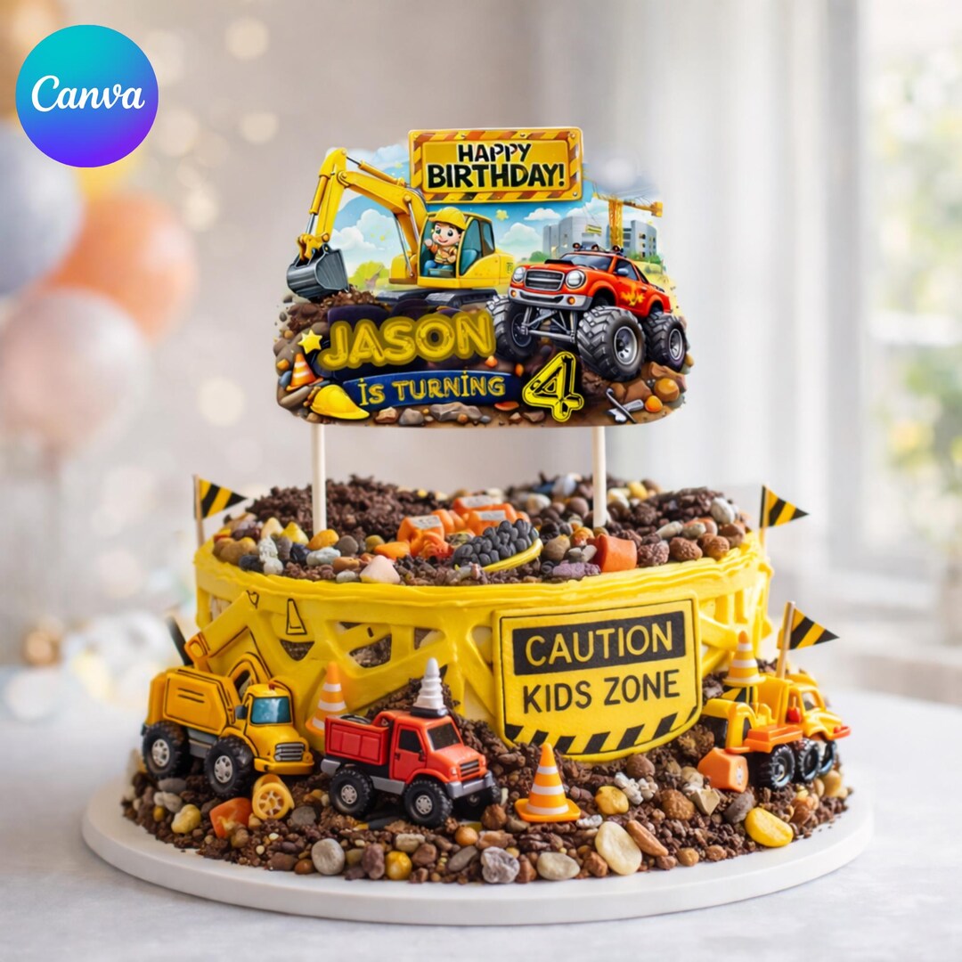 Construction Birthday Cake Topper, Editable Printable Kids Party ...