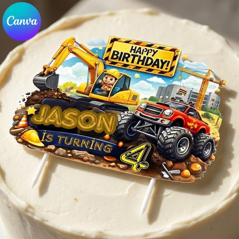 Construction Birthday Cake Topper, Editable Printable Kids Party ...
