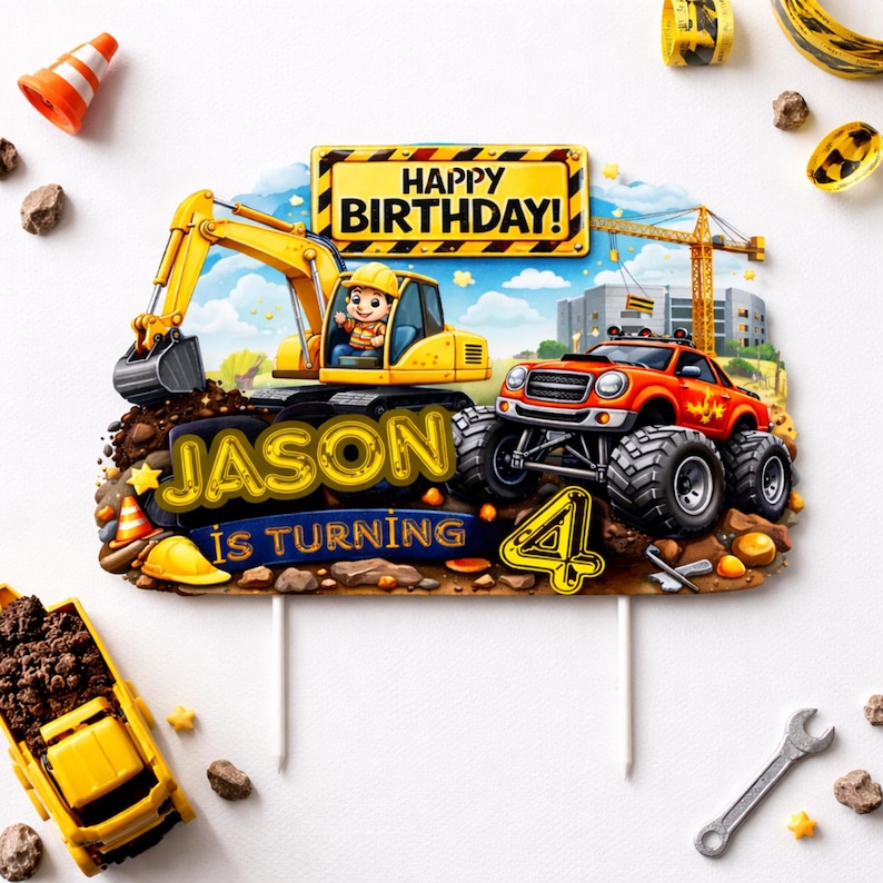 Construction Birthday Cake Topper, Editable Printable Kids Party ...