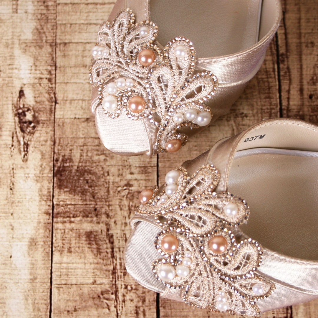 Champagne Wedding Shoes, Vintage Bride Shoes, Dark Ivory Bridal Shoes ...