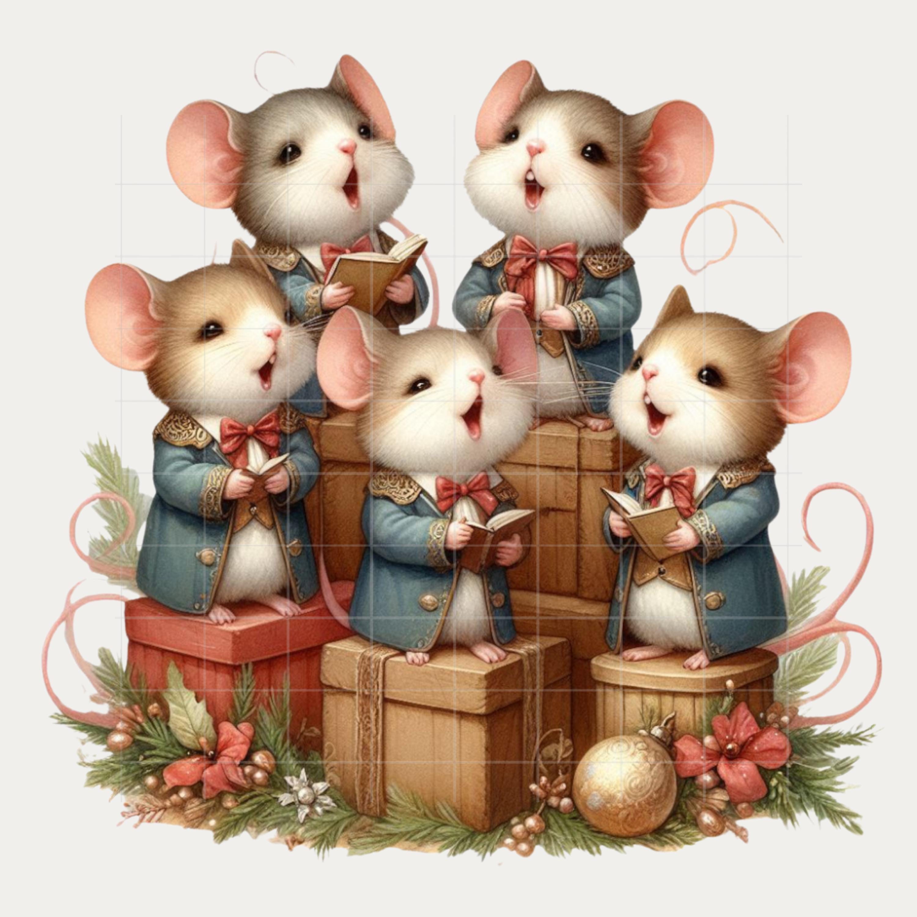 Christmas Mice Clipart Watercolor, 36 PNG, Cute Singing Mouse Carolers ...