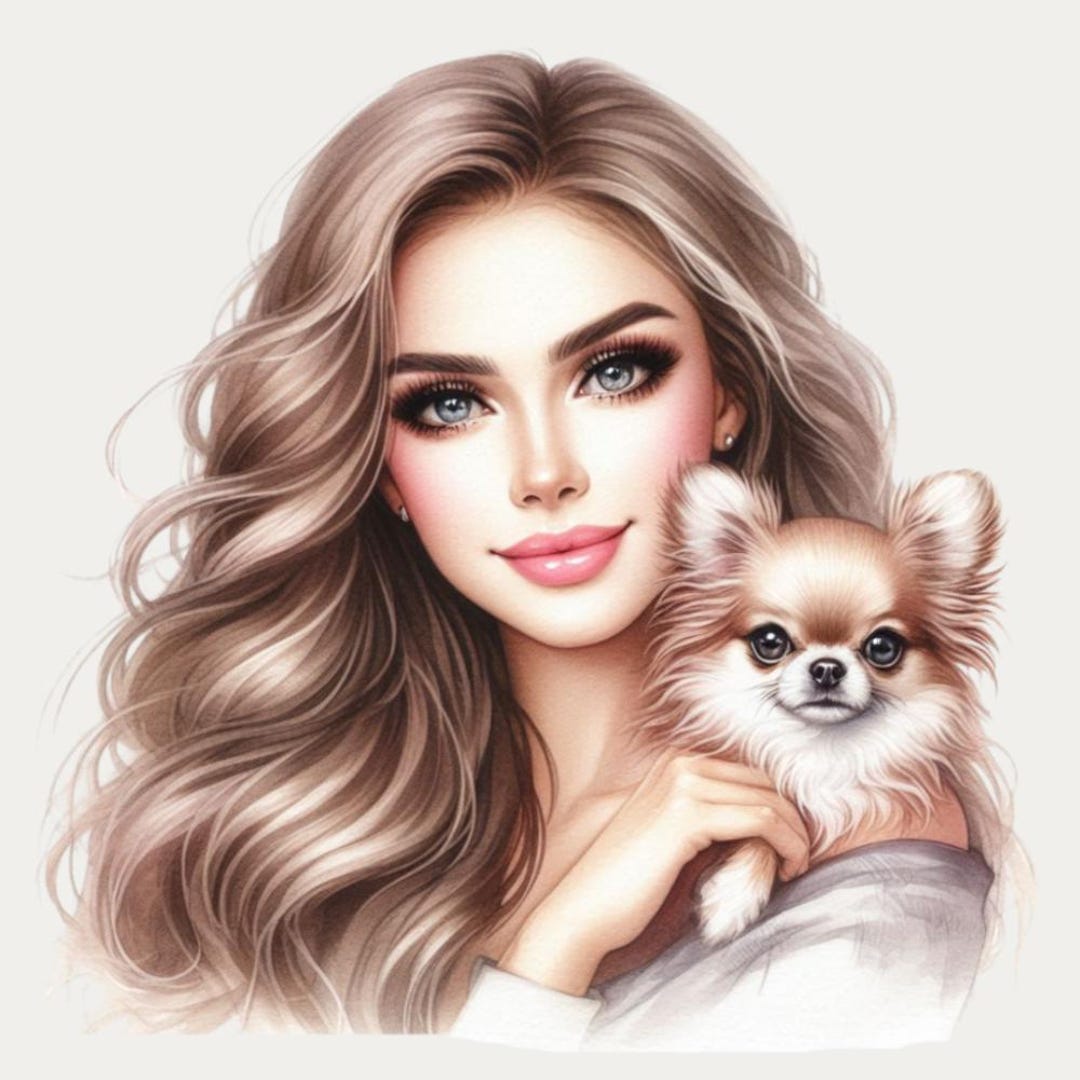 Watercolor Woman With Chihuahua Clipart Bundle, 12 PNG Transparent ...