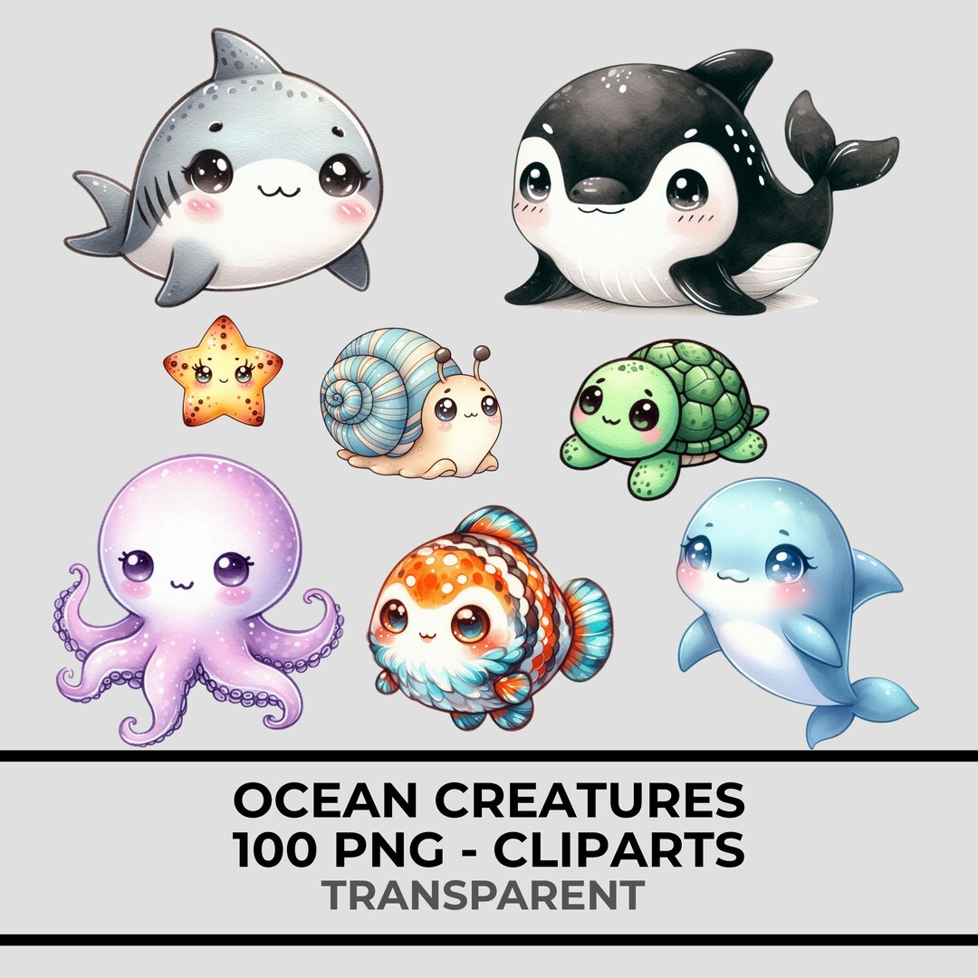 100 Ocean Animals Clipart Watercolor, Cute Kawaii Sea Creatures, Under ...