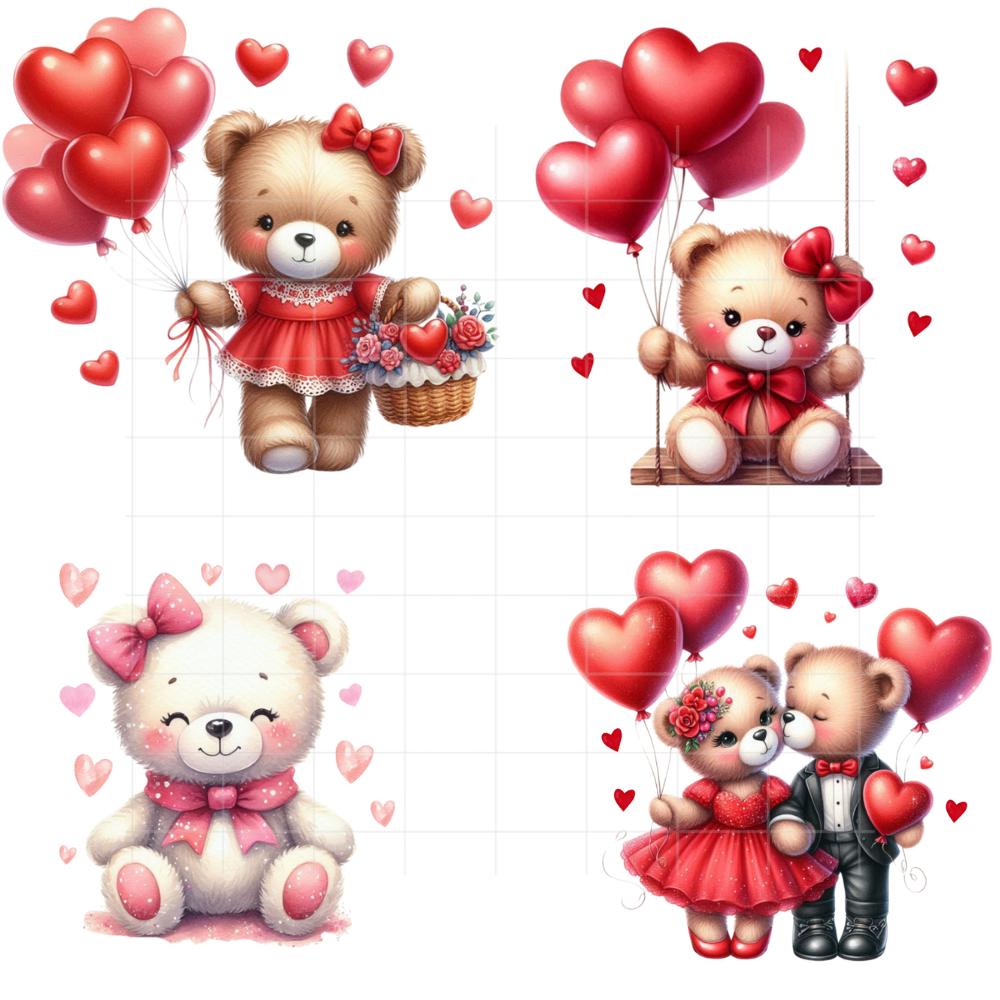 Watercolor Valentine Teddy Bear Clipart Bundle – 45 PNG Transparent ...