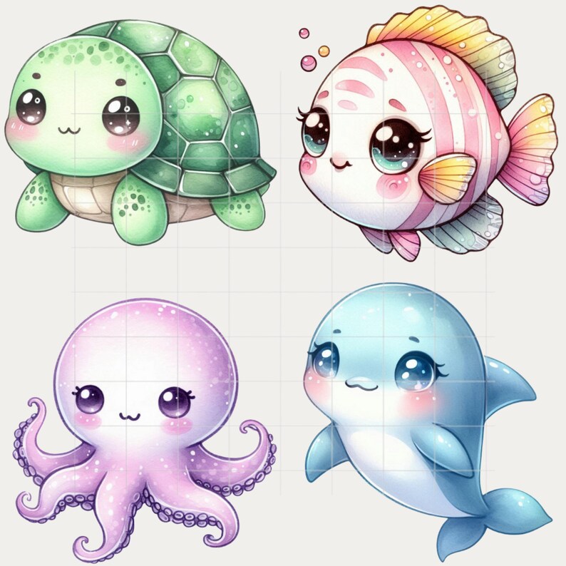 100 Ocean Animals Clipart Watercolor, Cute Kawaii Sea Creatures, Under ...
