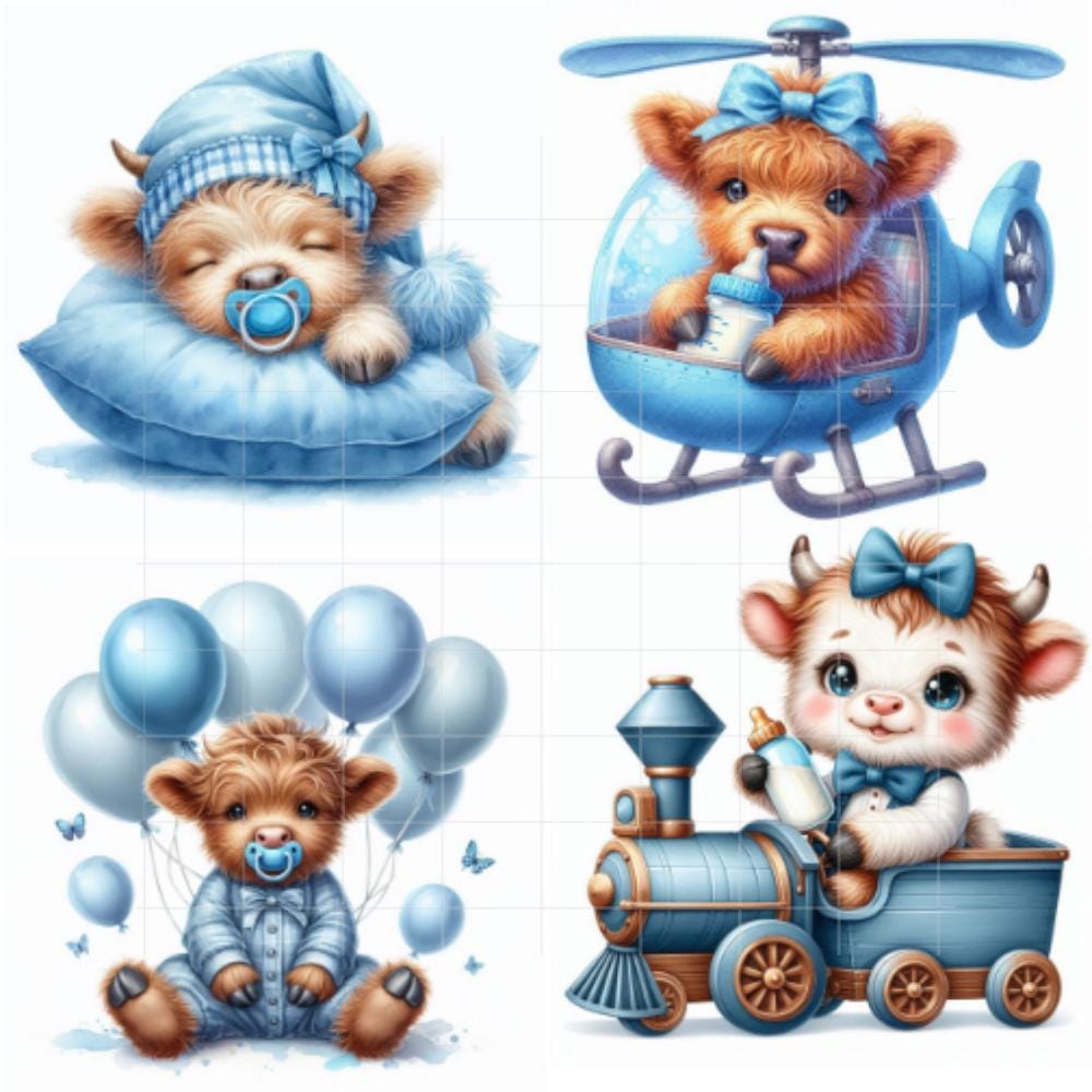 Baby Boy Highland Cow Watercolor Clipart Set, 63 PNG Transparent ...
