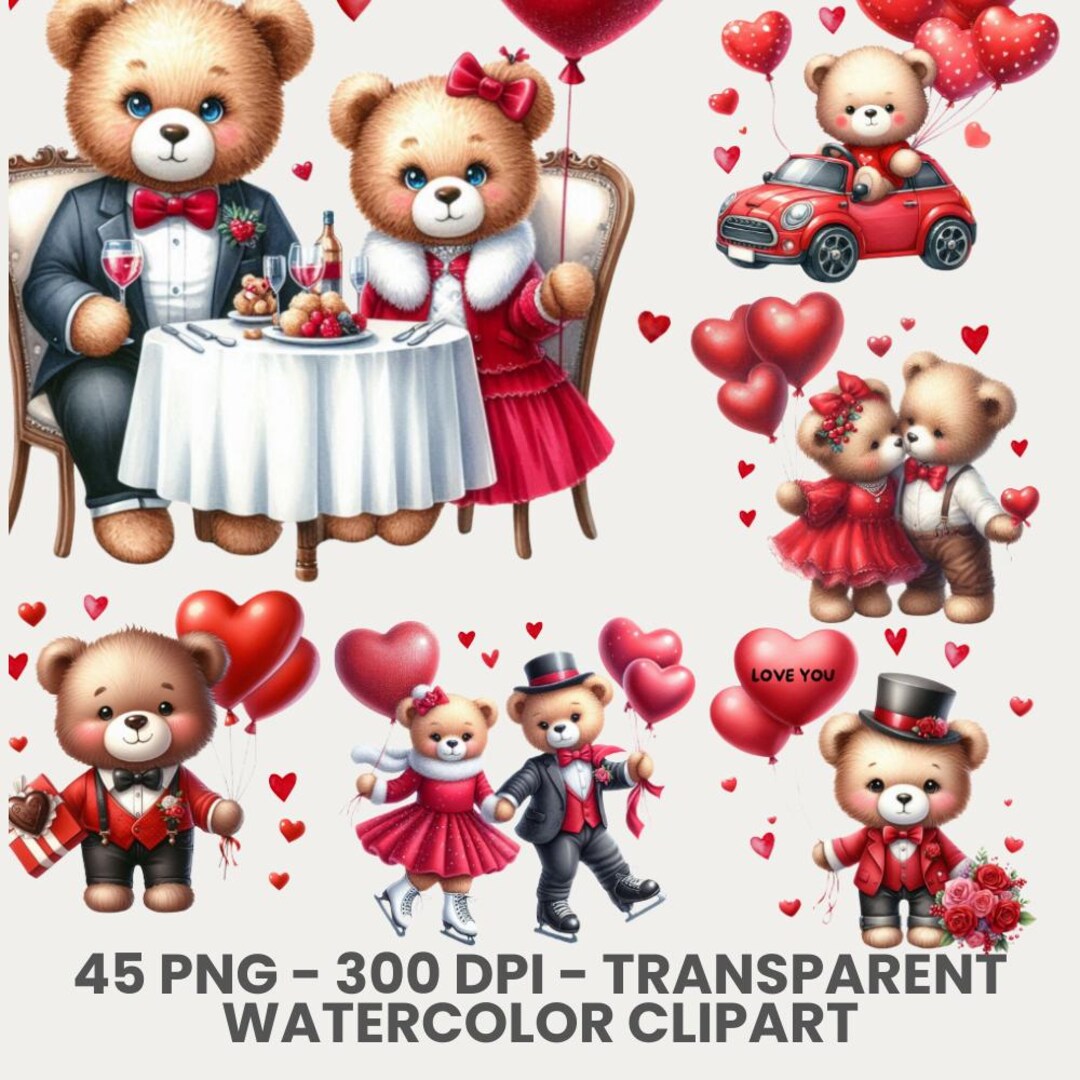 Watercolor Valentine Teddy Bear Clipart Bundle – 45 PNG Transparent ...