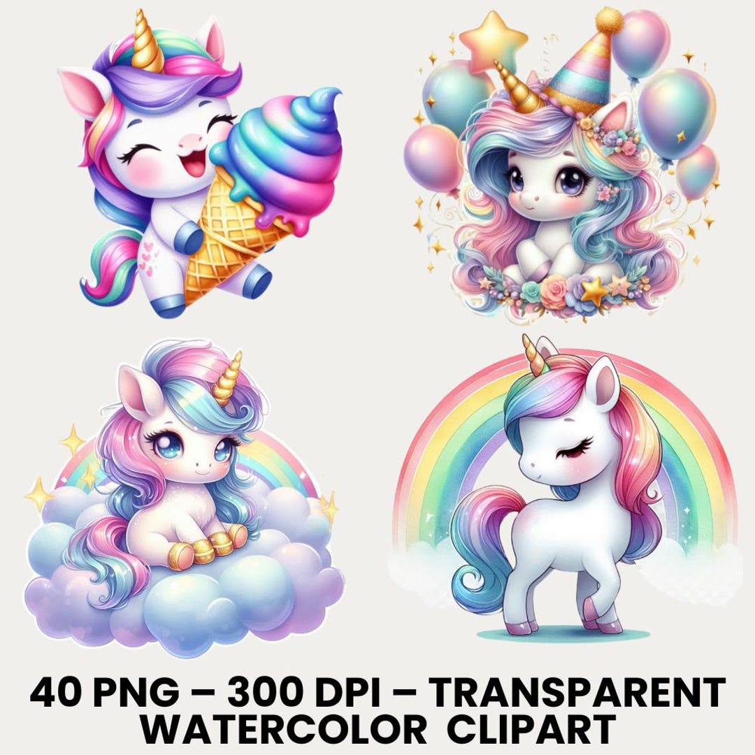 Cute Kawaii Baby Unicorn Watercolor Clipart Bundle, 40 PNG With ...