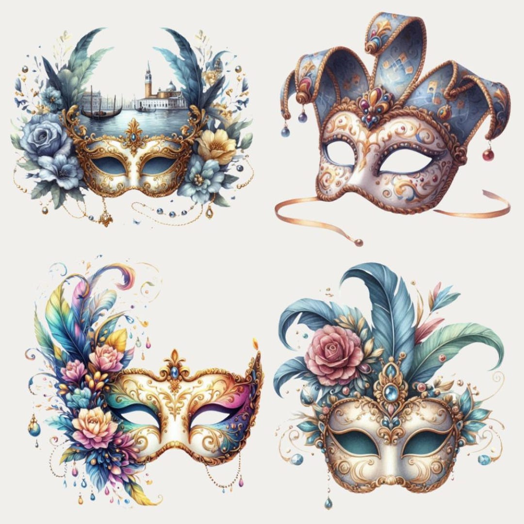 Venice Carnival Mask Watercolor Clipart Set, 68 PNG Transparent ...