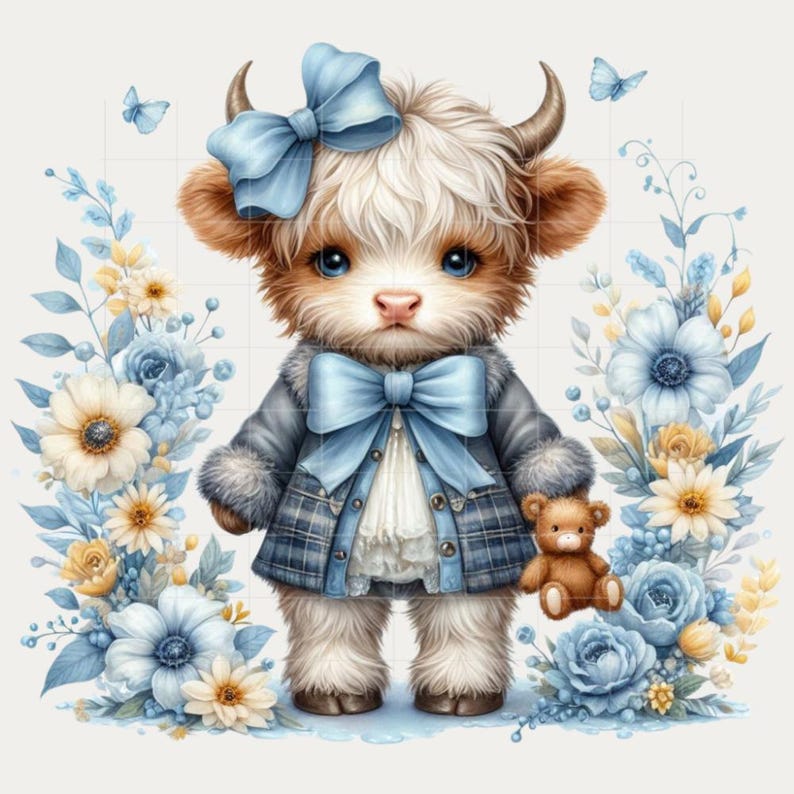 Baby Boy Highland Cow Watercolor Clipart Bundle – 50 PNG Transparent ...