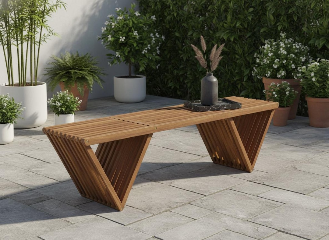 Acacia Wood Outdoor Dining Bench, Teak Finish, Rustic Farmhouse Garden ...