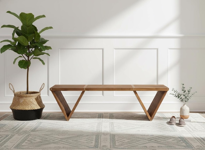 Acacia Wood Outdoor Dining Bench, Teak Finish, Rustic Farmhouse Garden ...