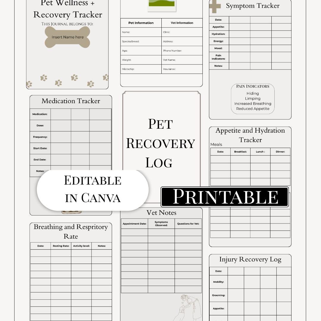 Pet Recovery Tracker Printable Dog and Cat Post-surgery Care Log ...