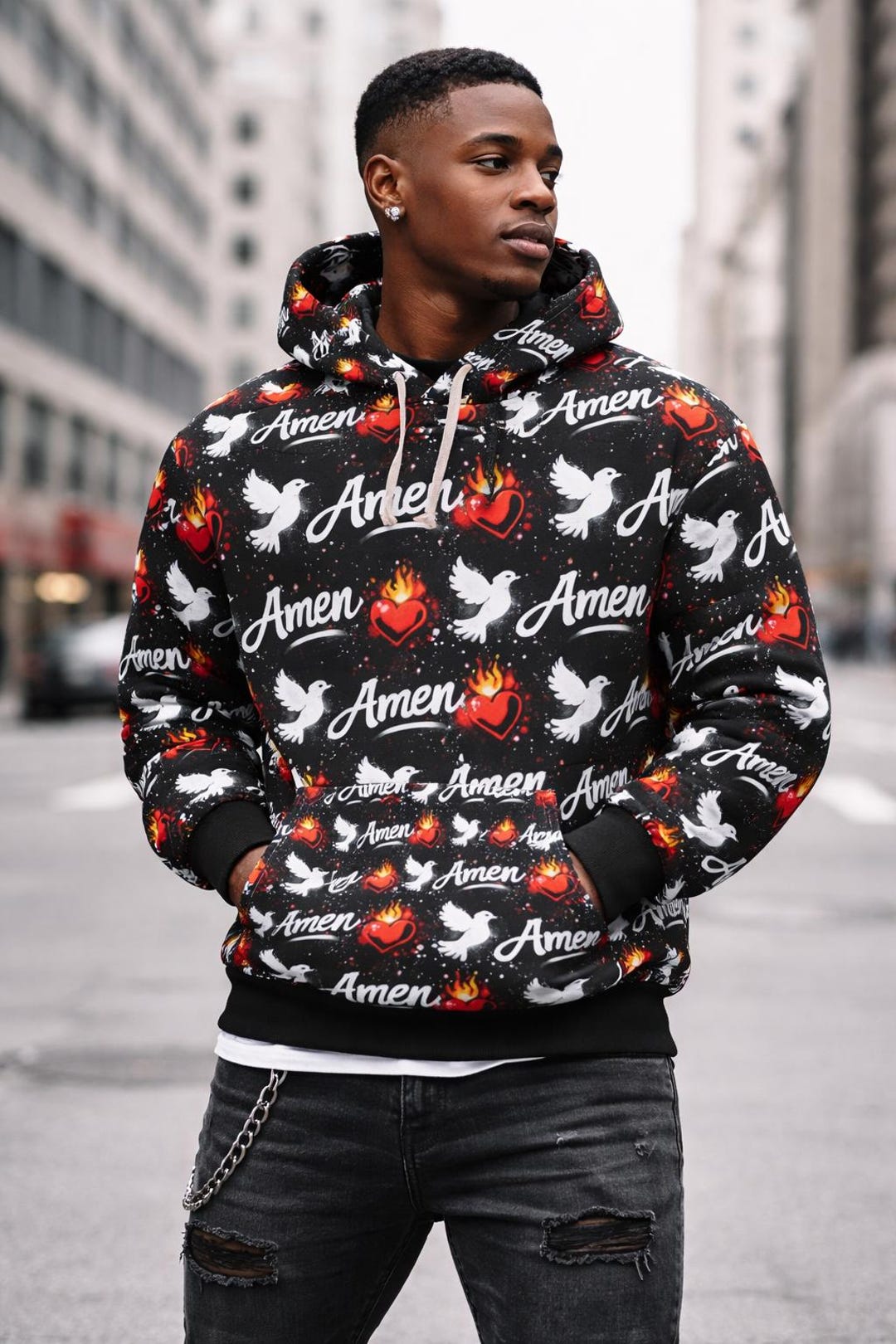 Amen Script With Dove and Sacred Heart Hoodie | Religious Faith Pattern ...