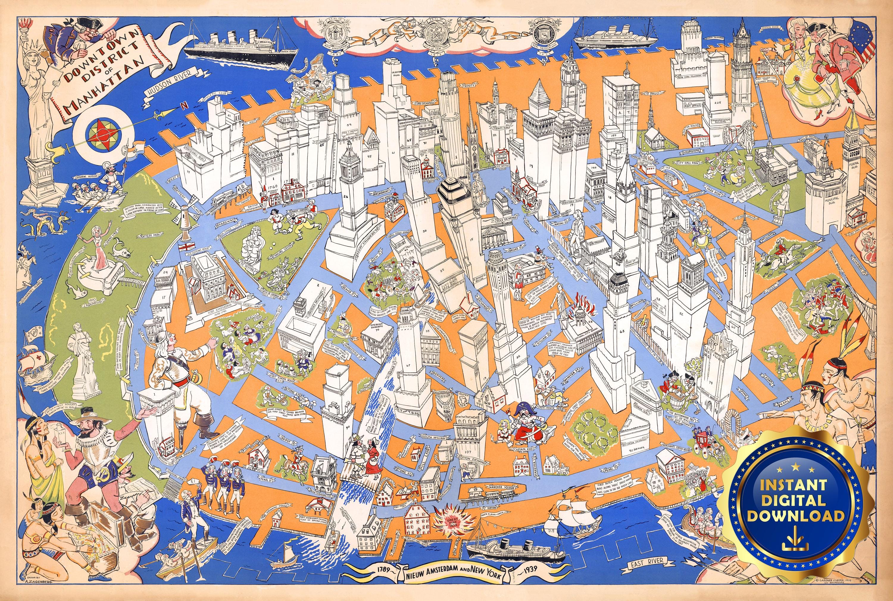 Vintage Manhattan Map Print | Historic NYC Wall Art (digital Download ...