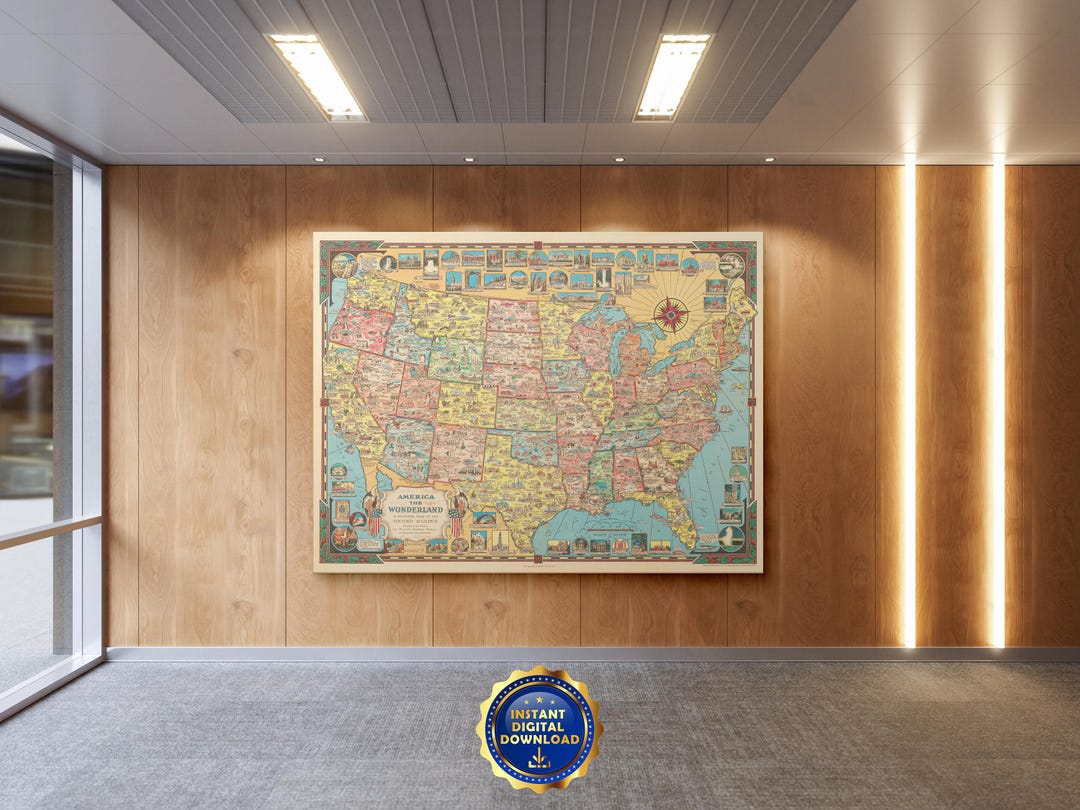Vintage USA Pictorial Map, America the Wonderland, Mid Century ...