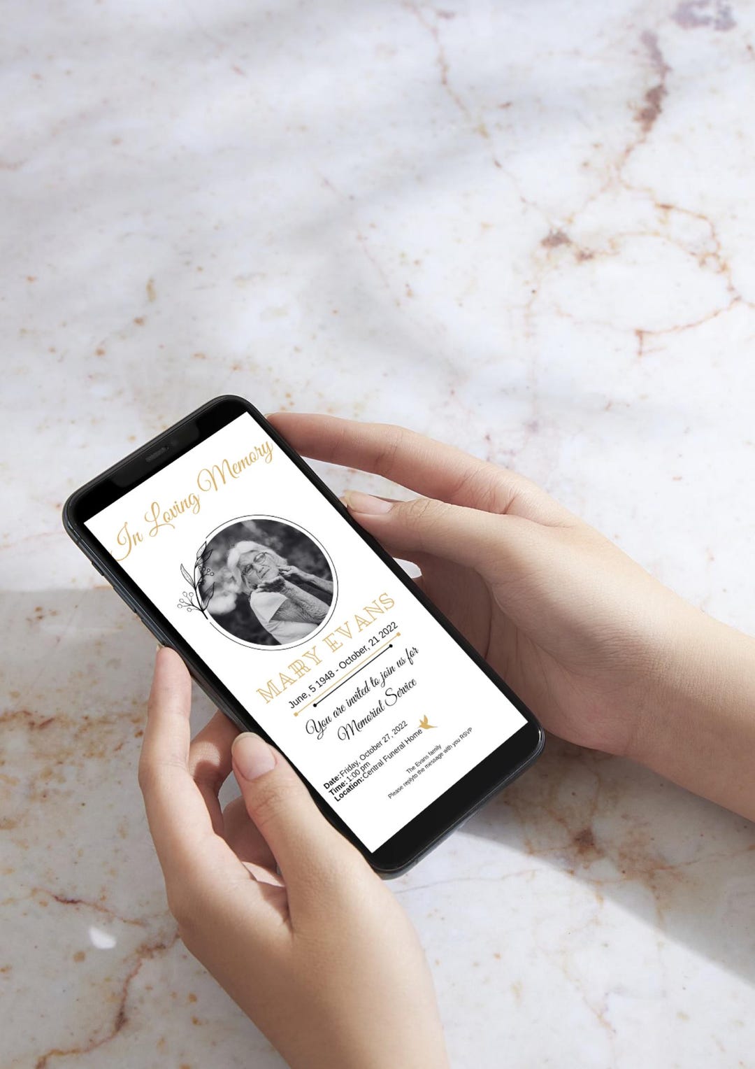 Editable Funeral Announcement Template, Gold Digital Evite, Phone ...