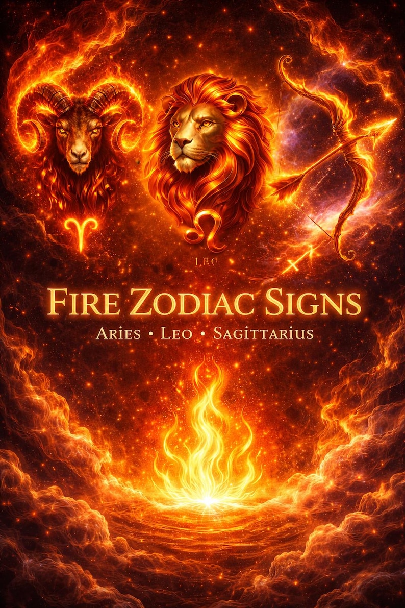 Fire Zodiac Wall Art Set, Aries Leo Sagittarius, Mystical Astrology ...